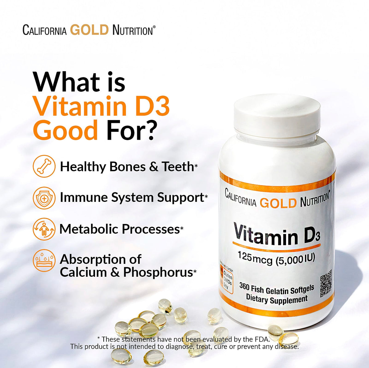 California Gold Nutrition, Vitamin D3, 125 mcg (5,000 IU), 90 Fish Gel ...